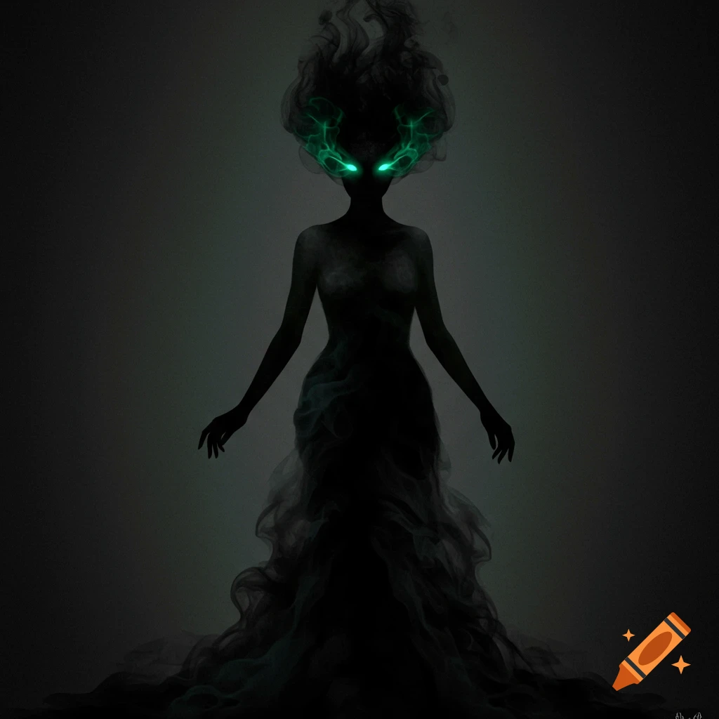 Charcoal shadow figure of a woman with smoke hair and glowing eyes on ...