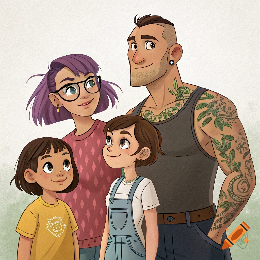 Animated family of four: daughter with black curly hair and purple ...