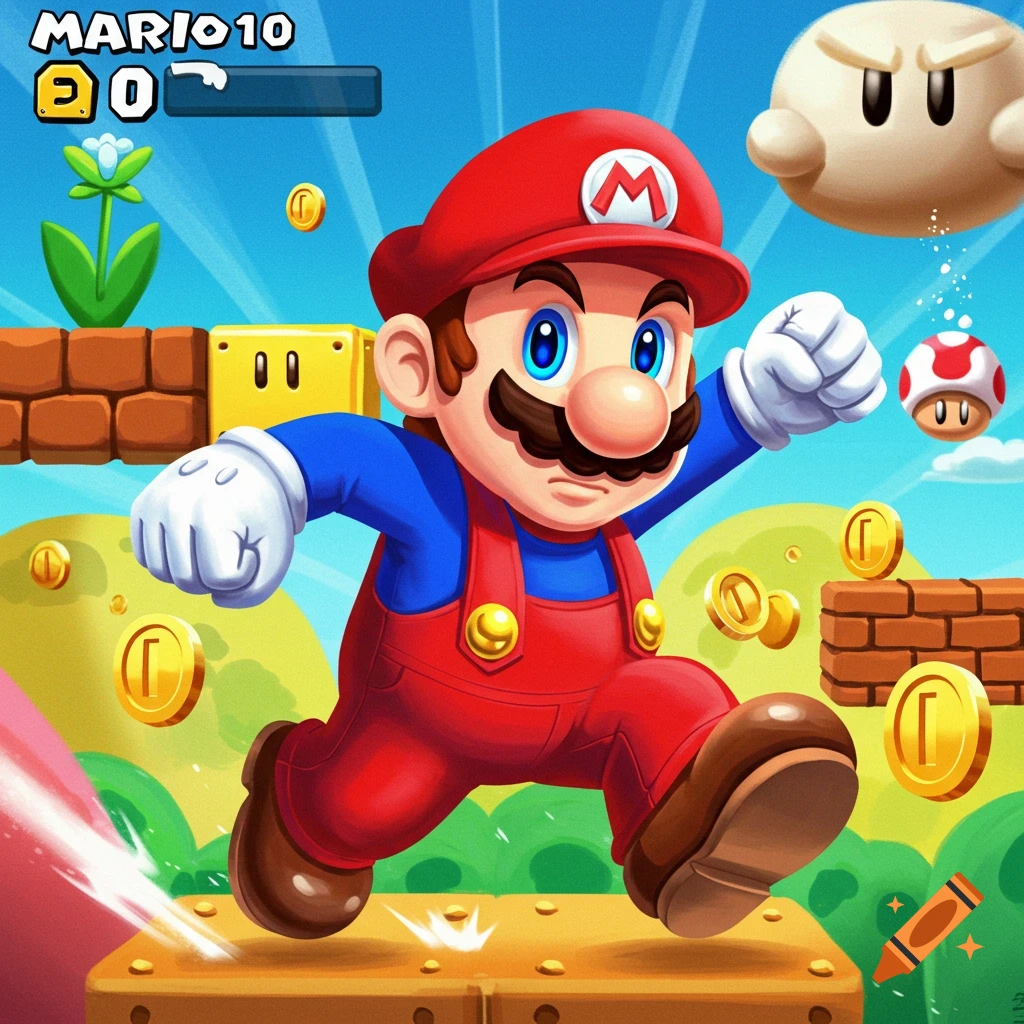 Mario jumping in a vibrant, colorful classic video game landscape with ...