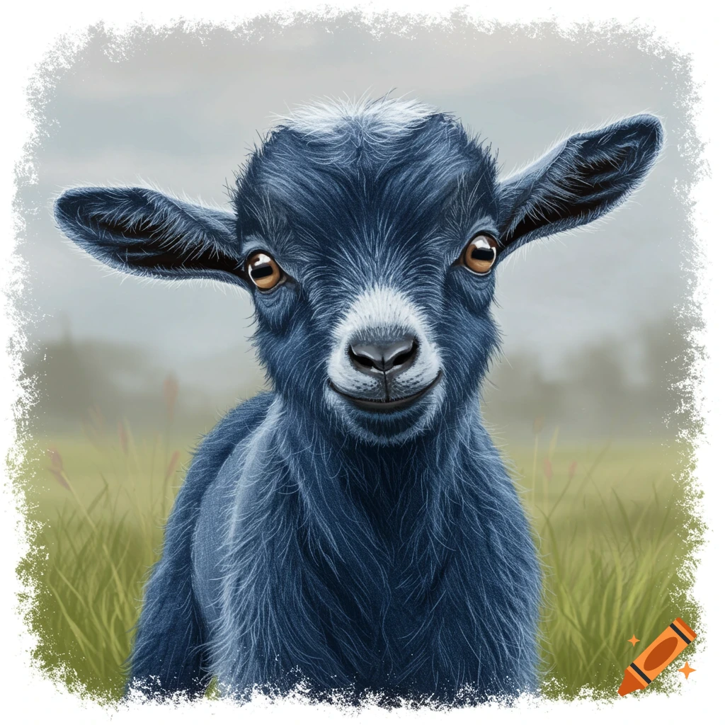 A dark blue baby goat in a field. on Craiyon