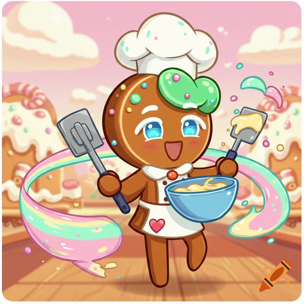Cartoon cookie character in chef hat holding a lollipop in a candy land ...