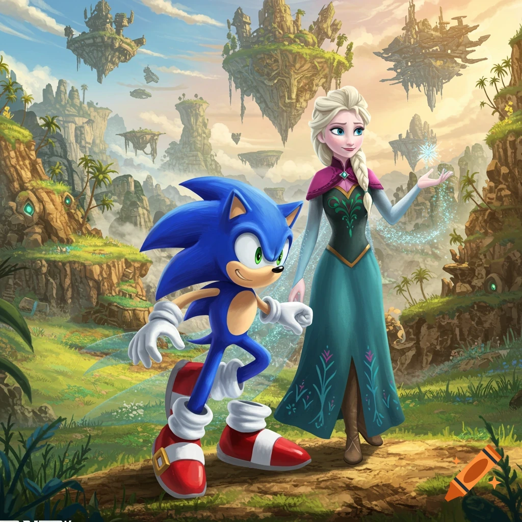 Sonic the hedgehog and Elsa in Xenoblade Chronicles on Craiyon