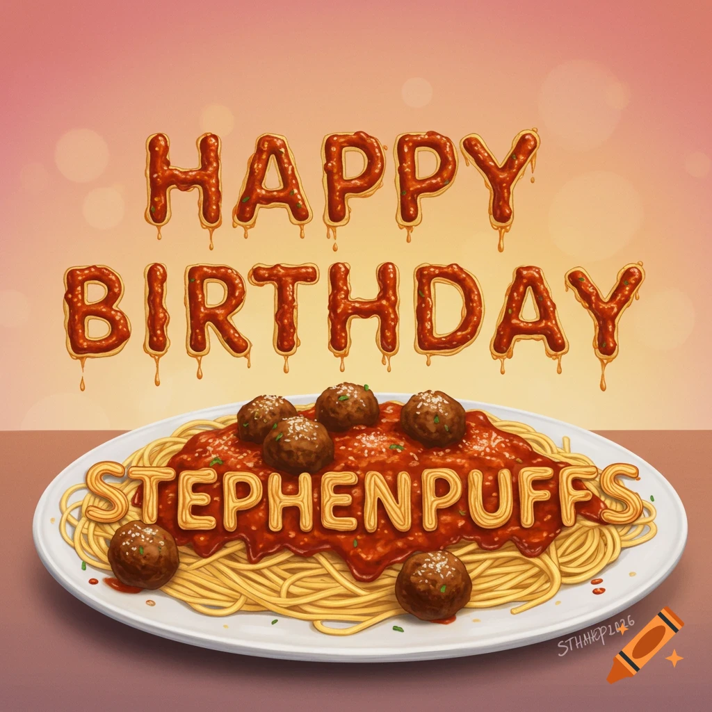 Spaghetti with meatballs spelling Happy Birthday StephenPuffs on Craiyon