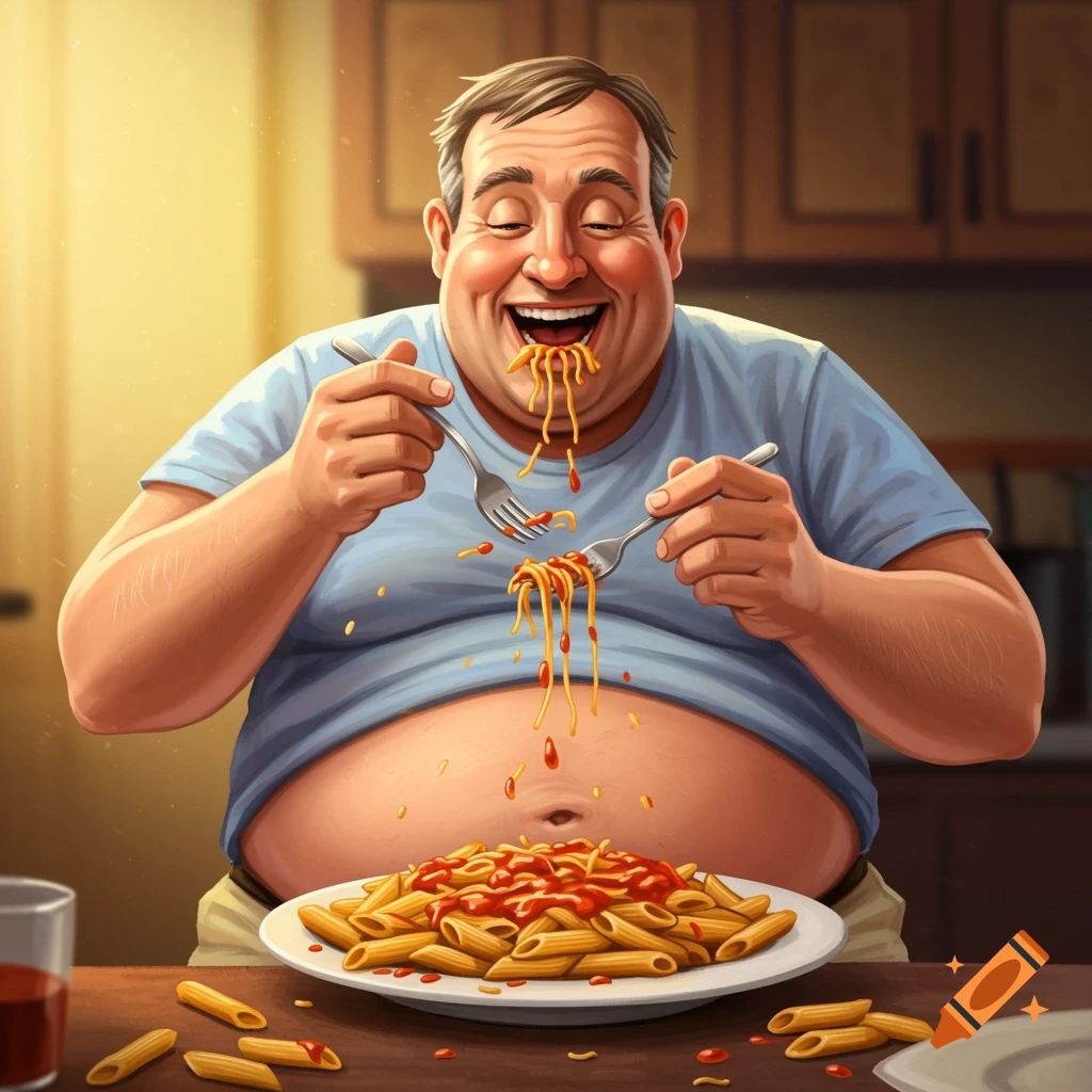 Fat guy eating pasta on Craiyon