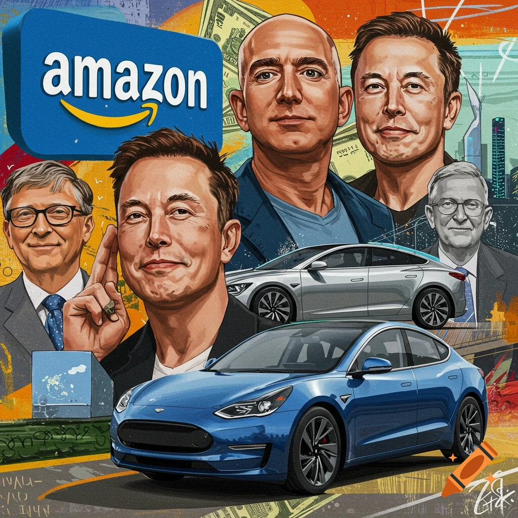 Images of Amazon, Tesla, and wealthy entrepreneurs on Craiyon