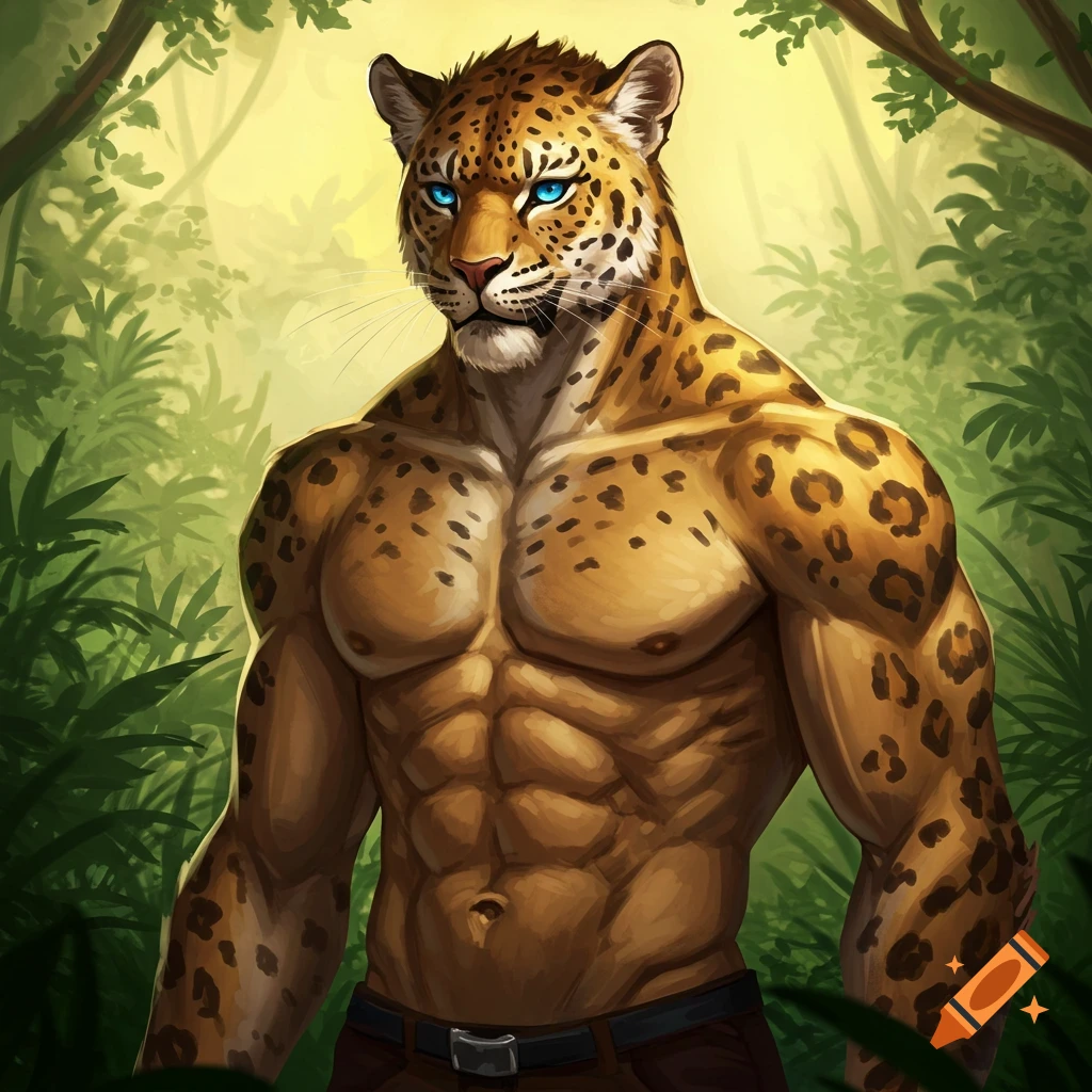 A muscular leopard man with blue eyes is in a jungle on Craiyon