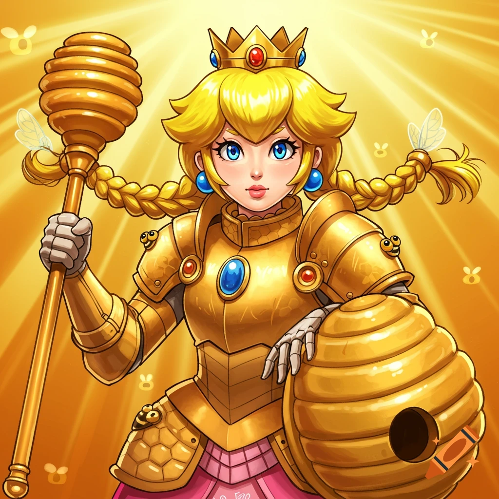 Cartoon style Princess Peach in a black and yellow Venom suit poses ...