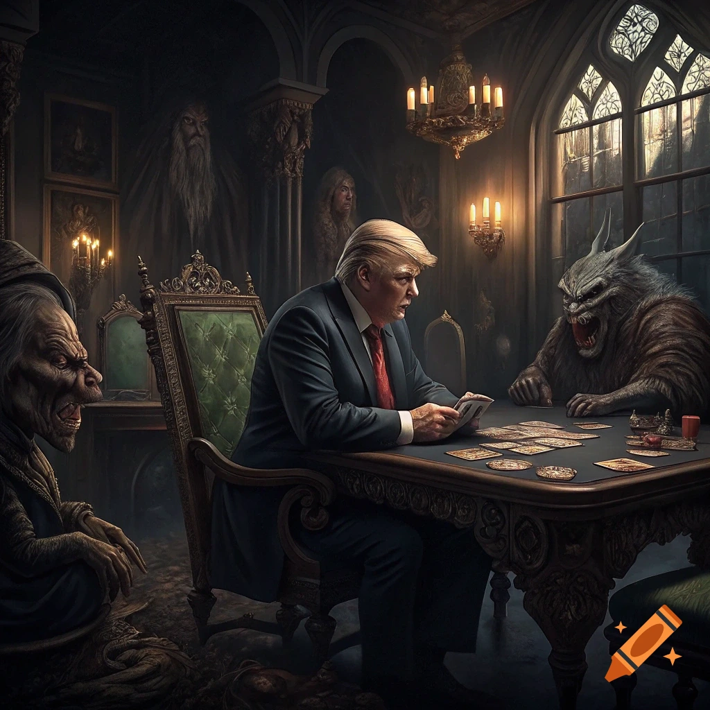 Trump playing poker with monsters in gothic style on Craiyon