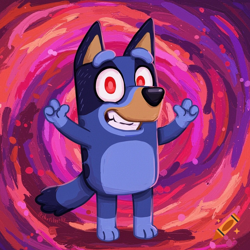 Bluey swimming in a pool wearing purple trunks. on Craiyon