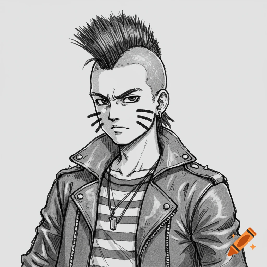 Black and white sketch portrait of a young man with a mohawk and ...