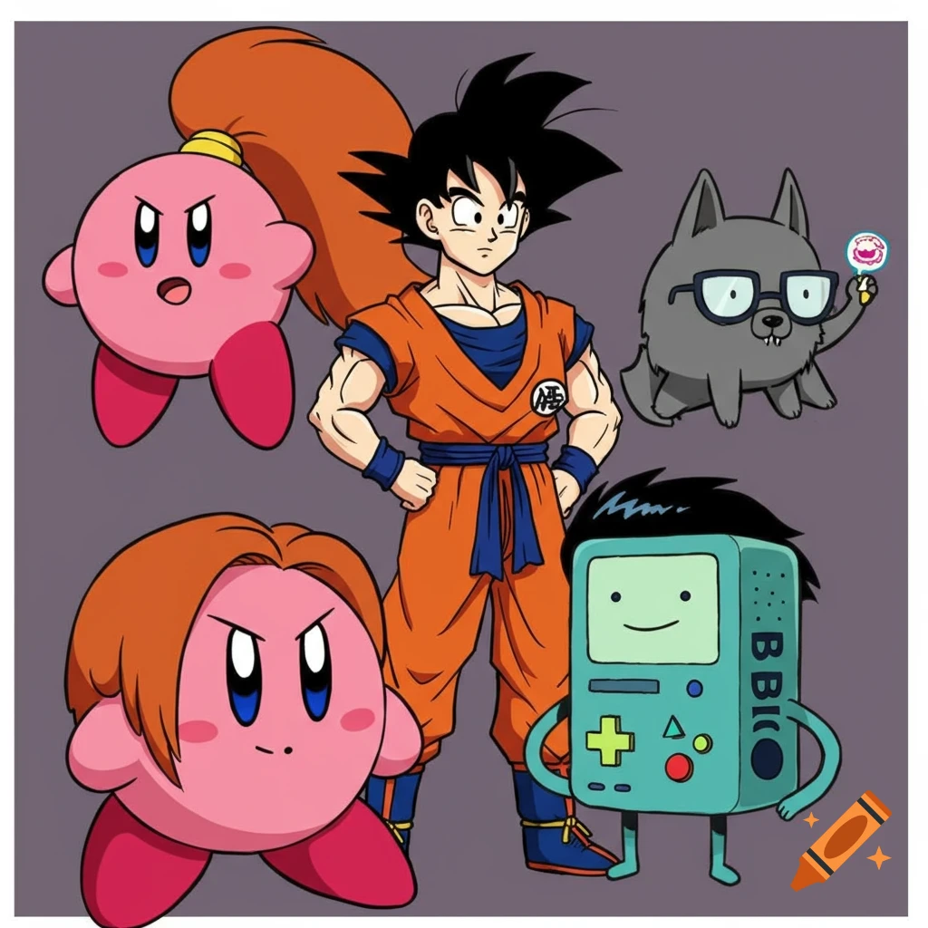 Cartoon of Kirby, Goku, BMO, and Jake with different hairstyles and glasses on Craiyon