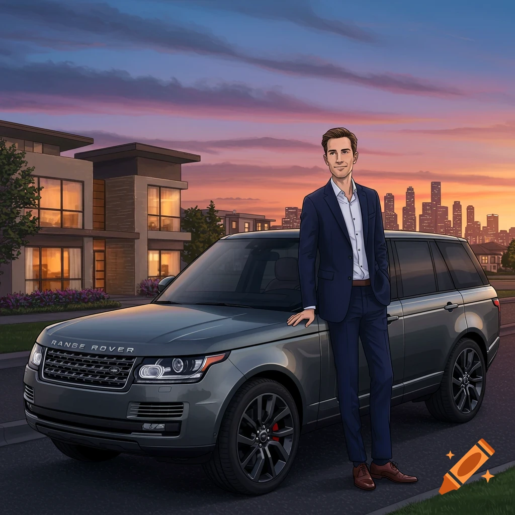 A man in a suit is standing by a grey Range Rover with a modern house ...