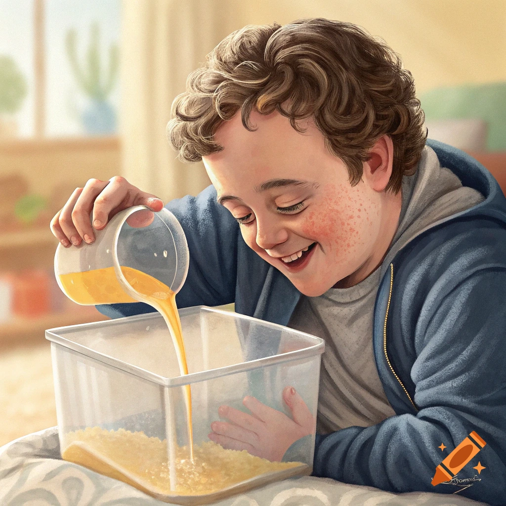 Gloved hands pouring yellow liquid into a tray of blue resin. on Craiyon