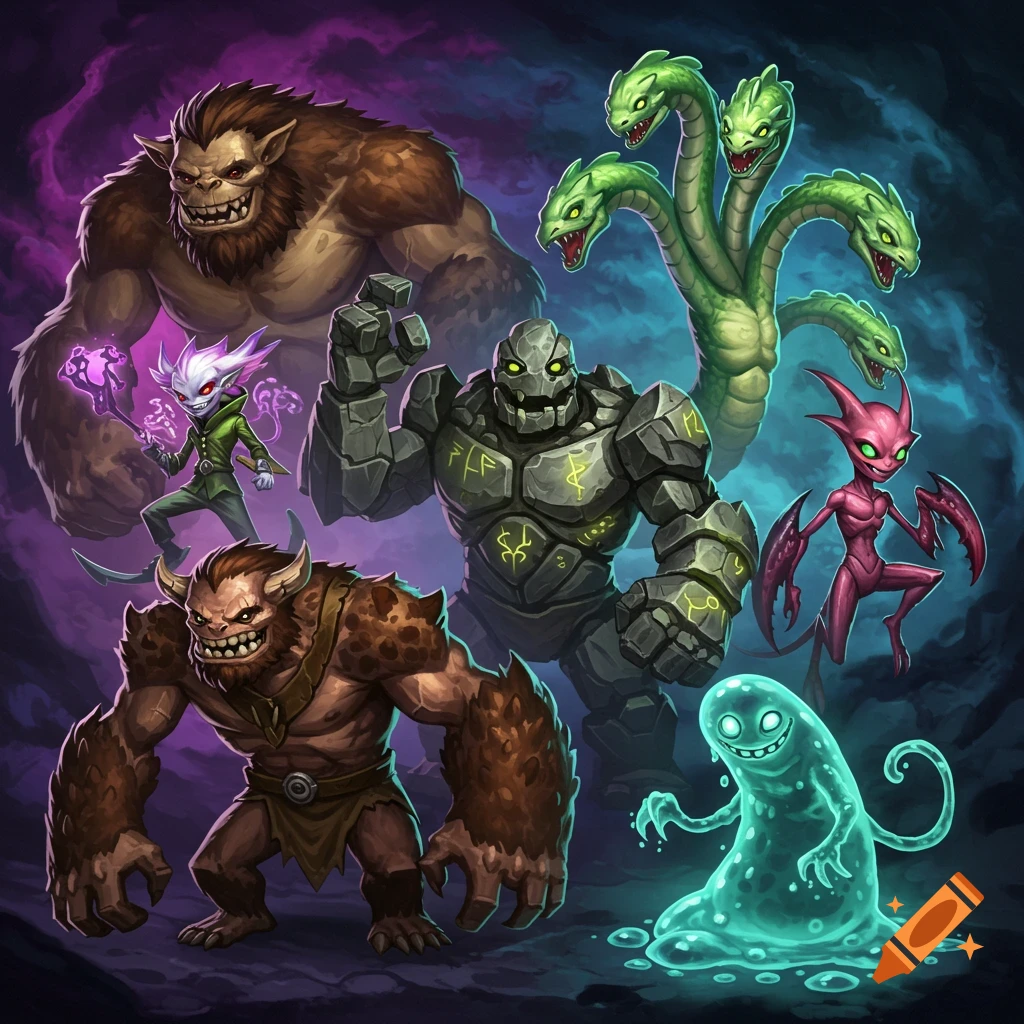 Eight cartoon icons of fantasy characters and creatures, including a ...