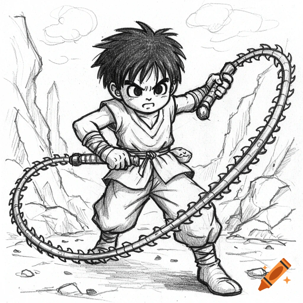 Dragon Quest style sketch of a young man with a chainsaw whip on Craiyon