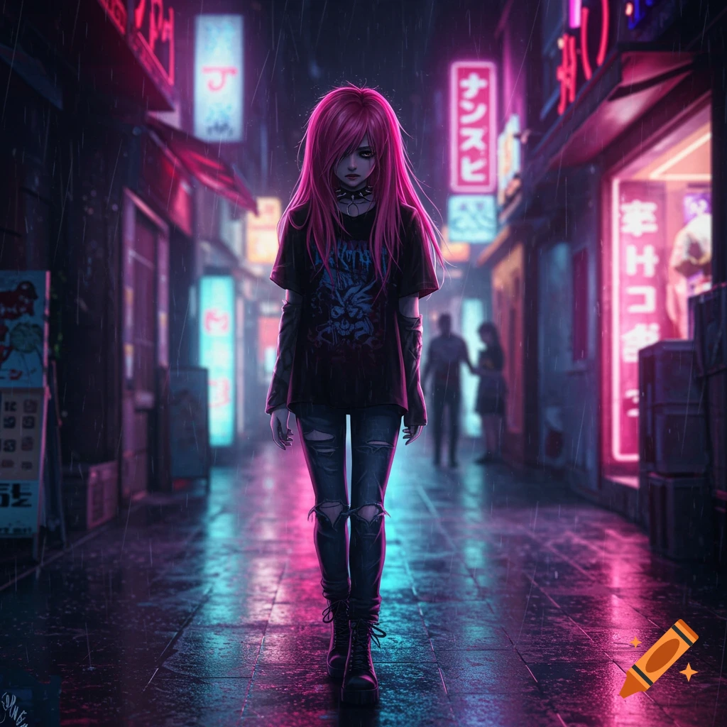 Anime emo girl walking in rainy neon-lit street on Craiyon