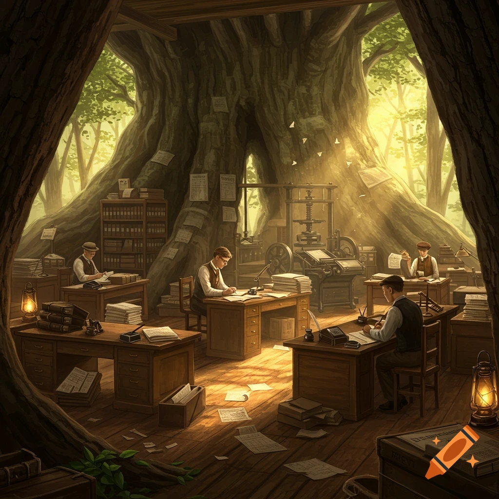 Newspaper office inside a tree on Craiyon