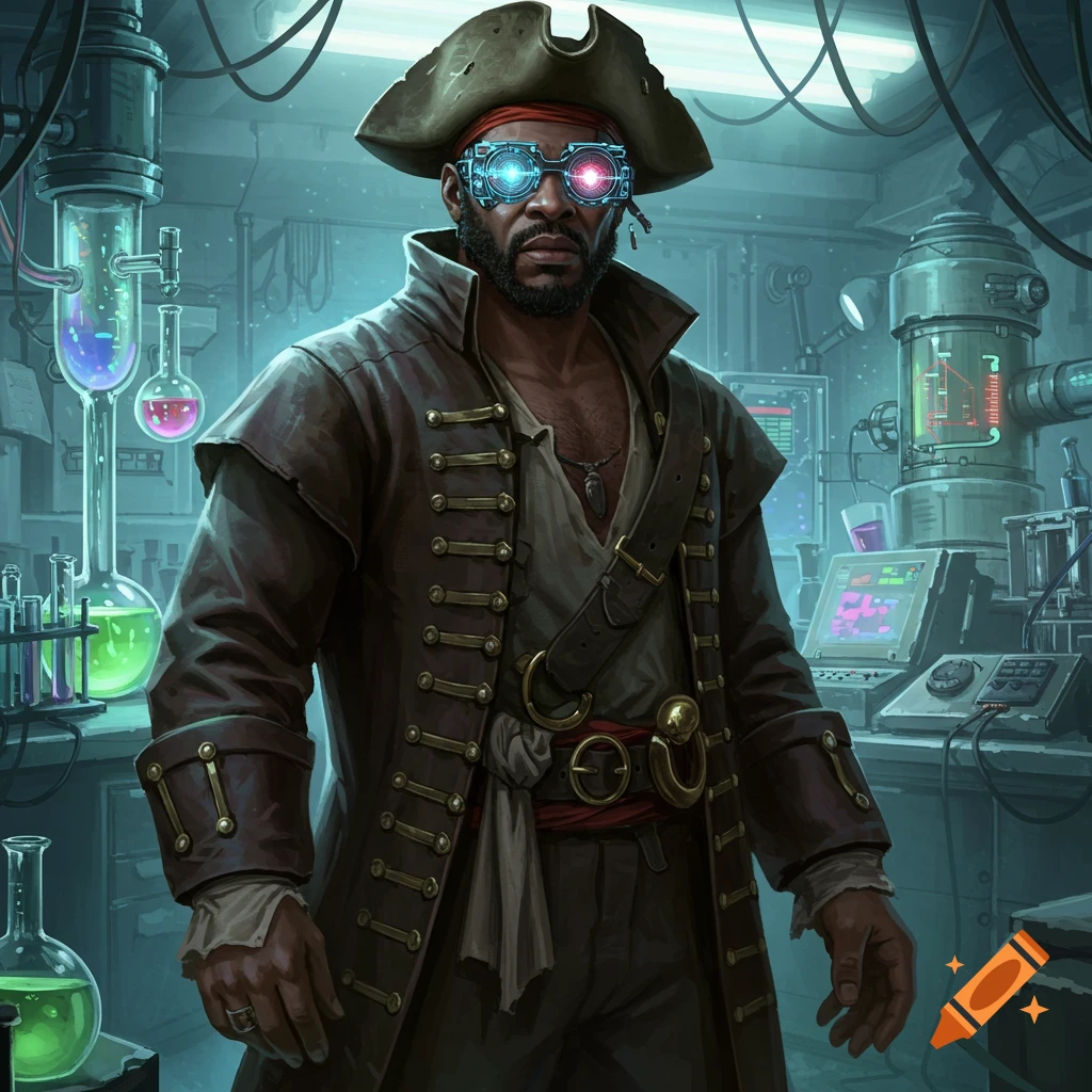 Black pirate with cyber glasses in a science laboratory on Craiyon