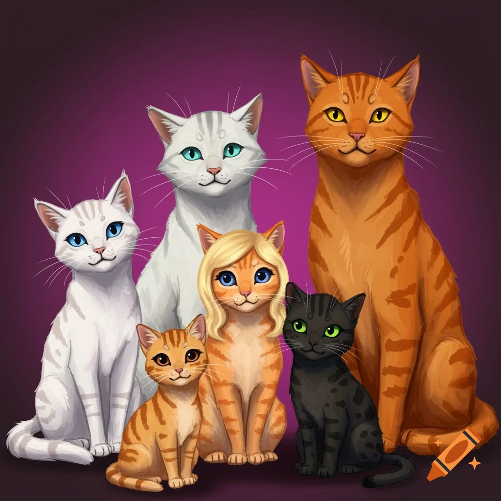 A family of five cartoon cats, in different colors: white, black ...