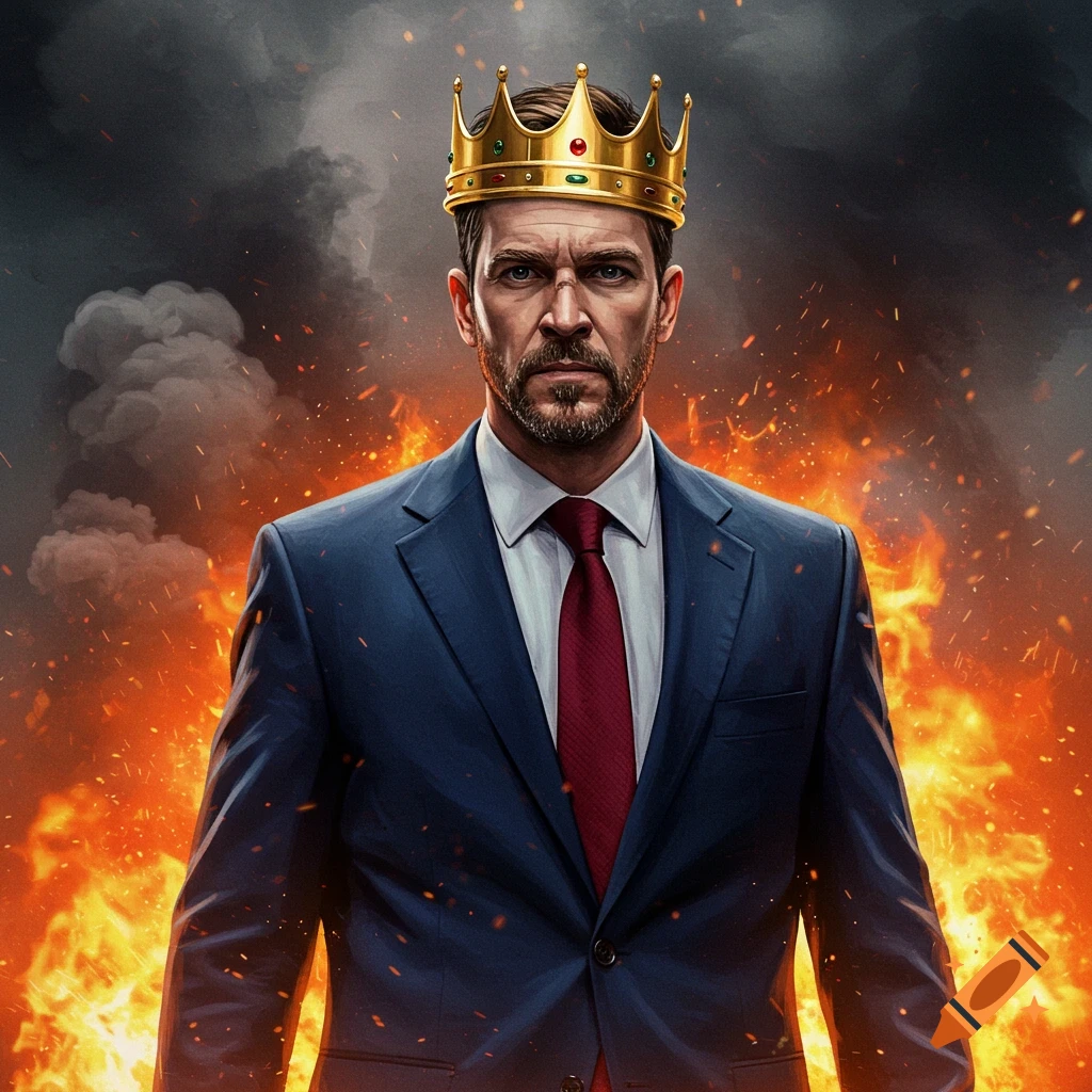 Man made of fire wearing a suit, tie, and crown on Craiyon