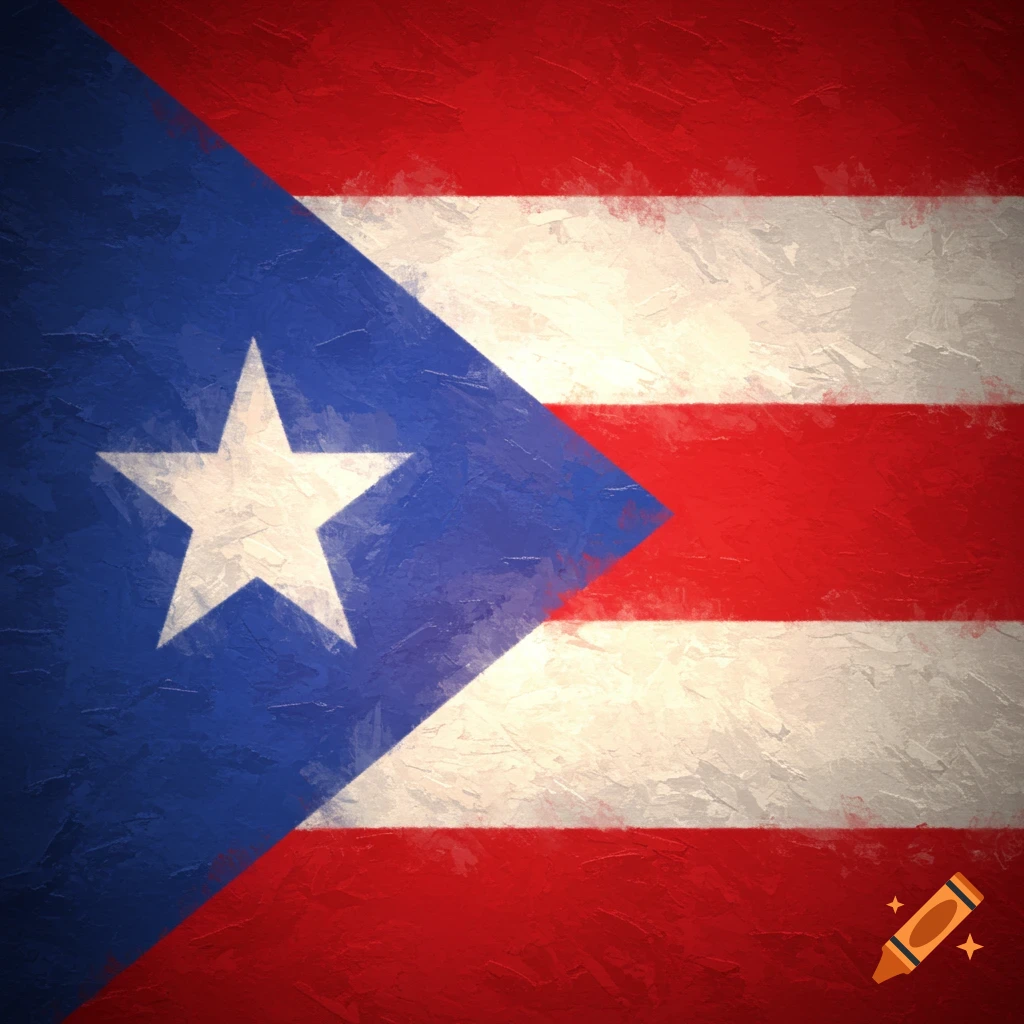 A painted image of a vertical Puerto Rican flag with red hibiscus ...