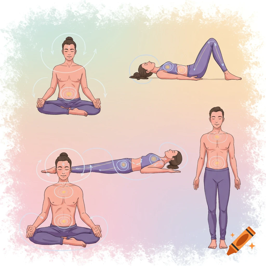 Digital illustration showing four reiki self-treatment yoga poses with ...