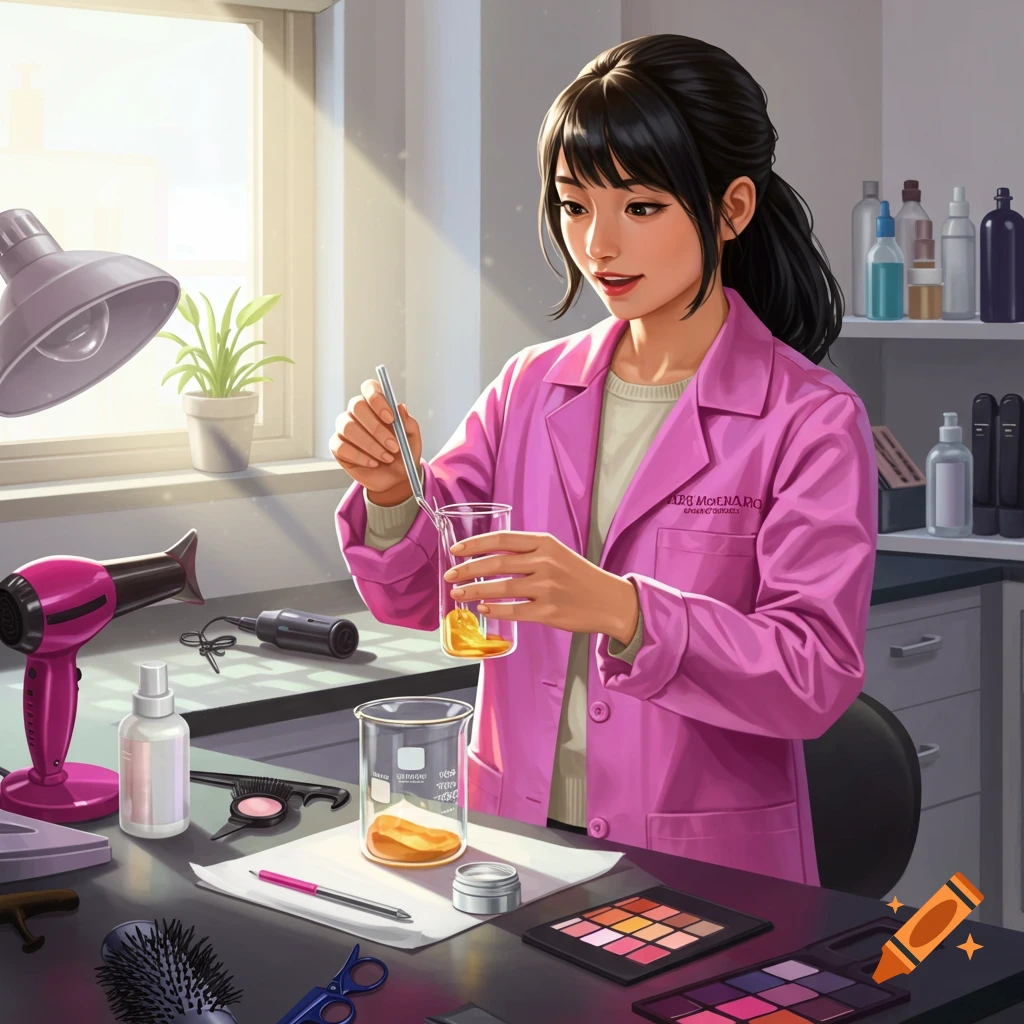 A young woman in a pink lab coat mixes liquid in a beaker in a lab ...