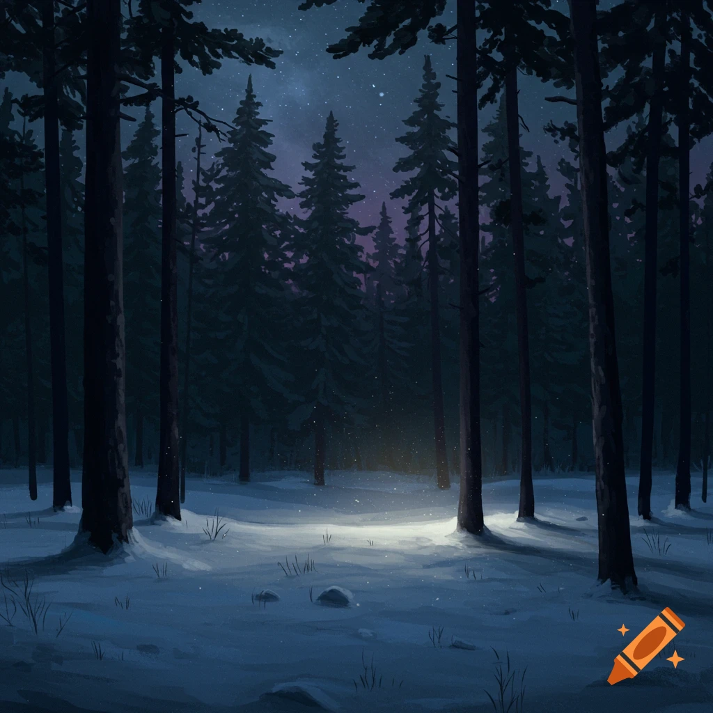 Dark pine forest in snowy night, 80s horror movie scene on Craiyon