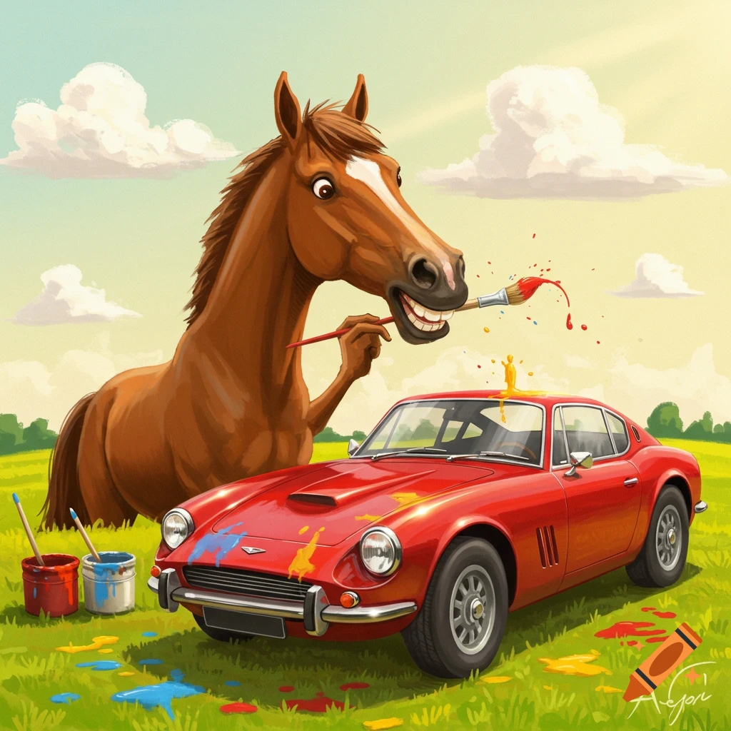 A cartoon horse stands in a field painting a red sports car with ...