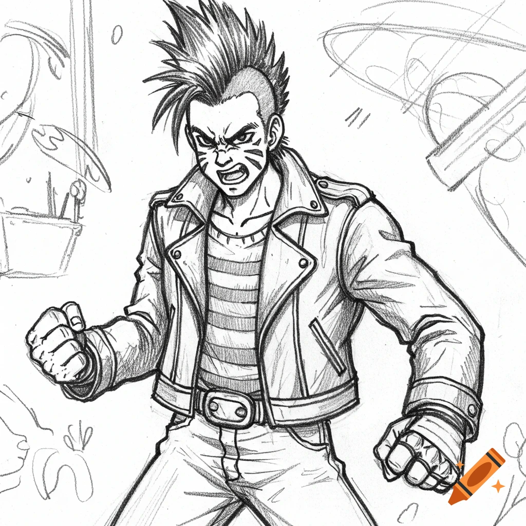 Black and white pencil sketch of a young man in Dragon Quest style with ...