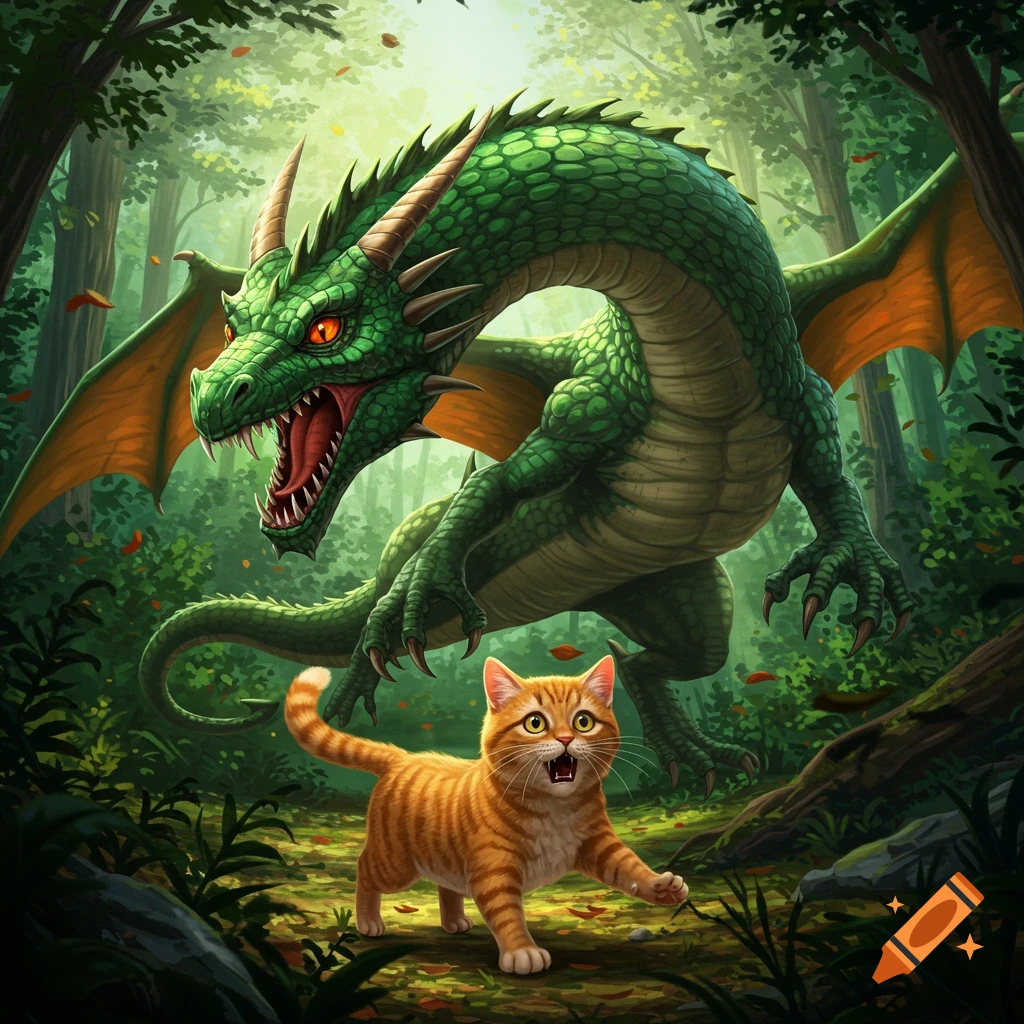 A surprised orange tabby cat in a forest is overshadowed by a large green dragon. on Craiyon