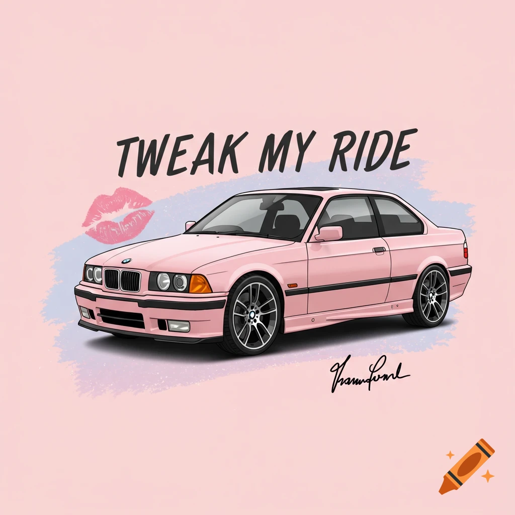 Stylized illustration of a pink BMW E36 coupe with "Tweak My Ride" text ...