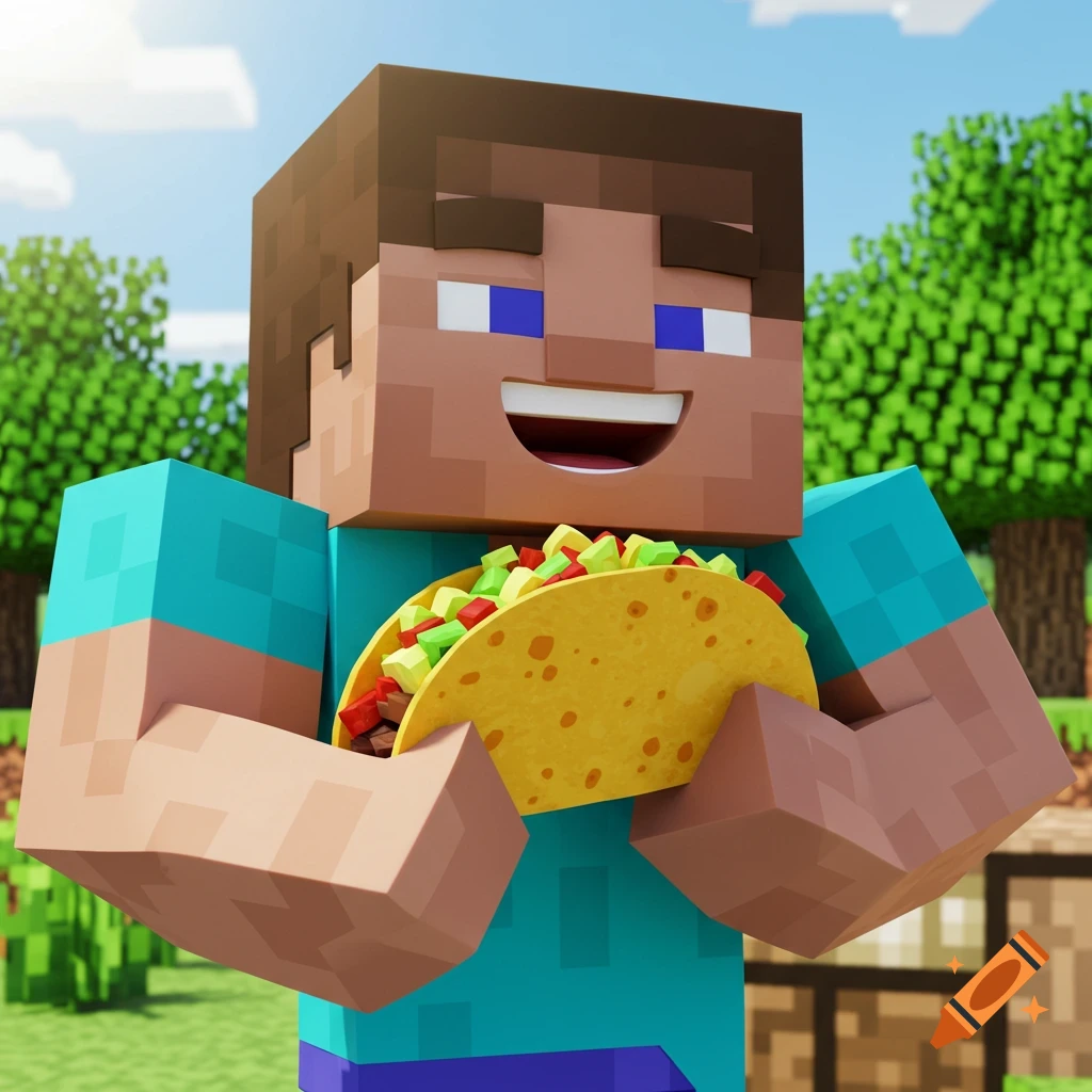 Minecraft Steve holding and eating a cooked chicken over lava. on Craiyon