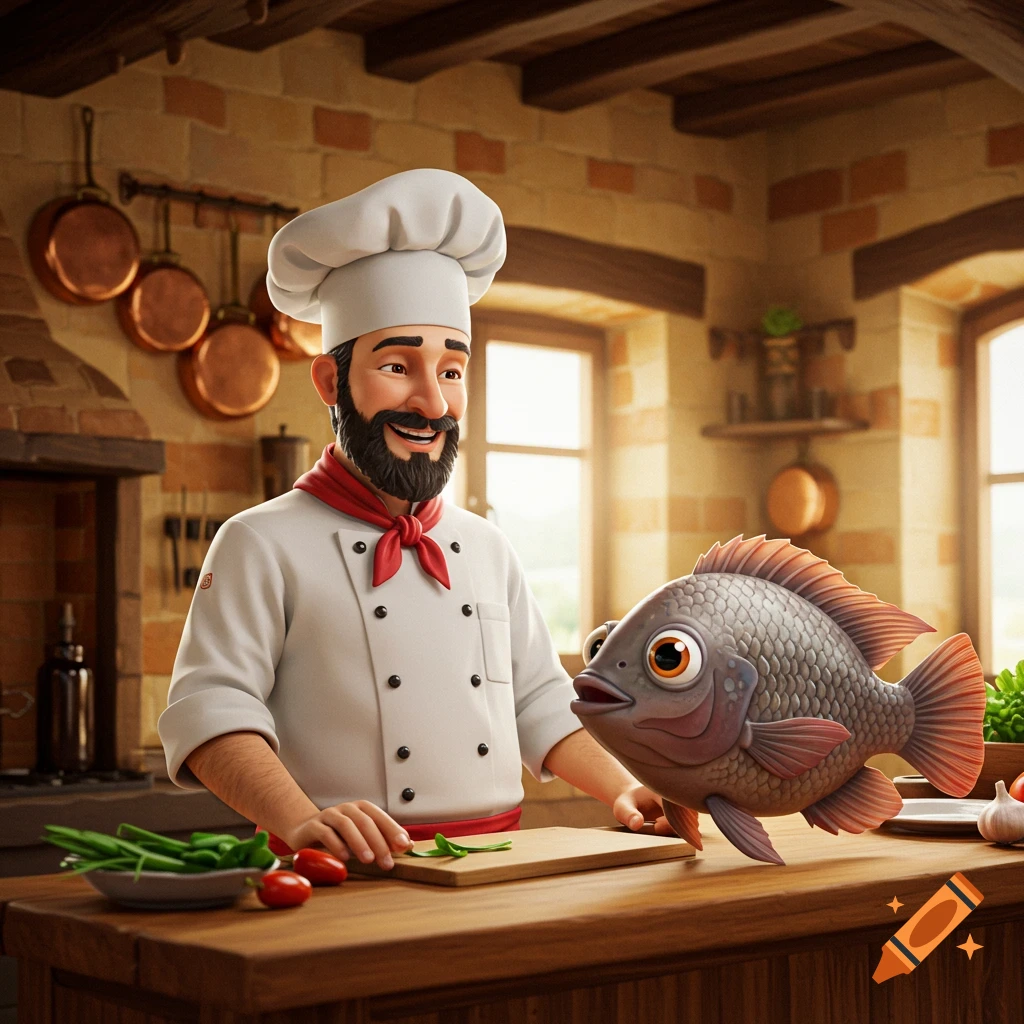 Cartoon chef smiling at a cartoon fish in an Italian kitchen. on Craiyon