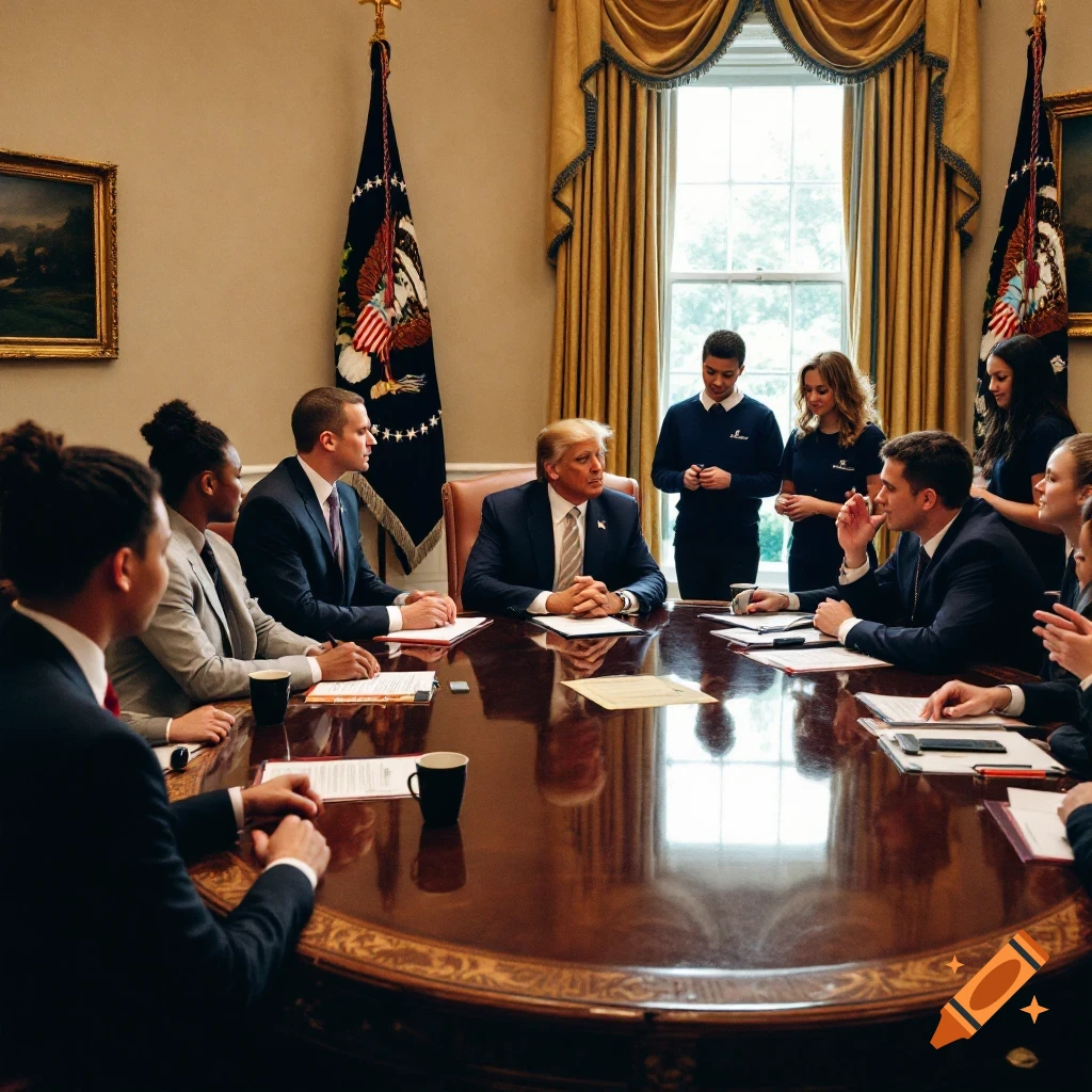 Donald Trump meets with a group of students at a large table in the ...