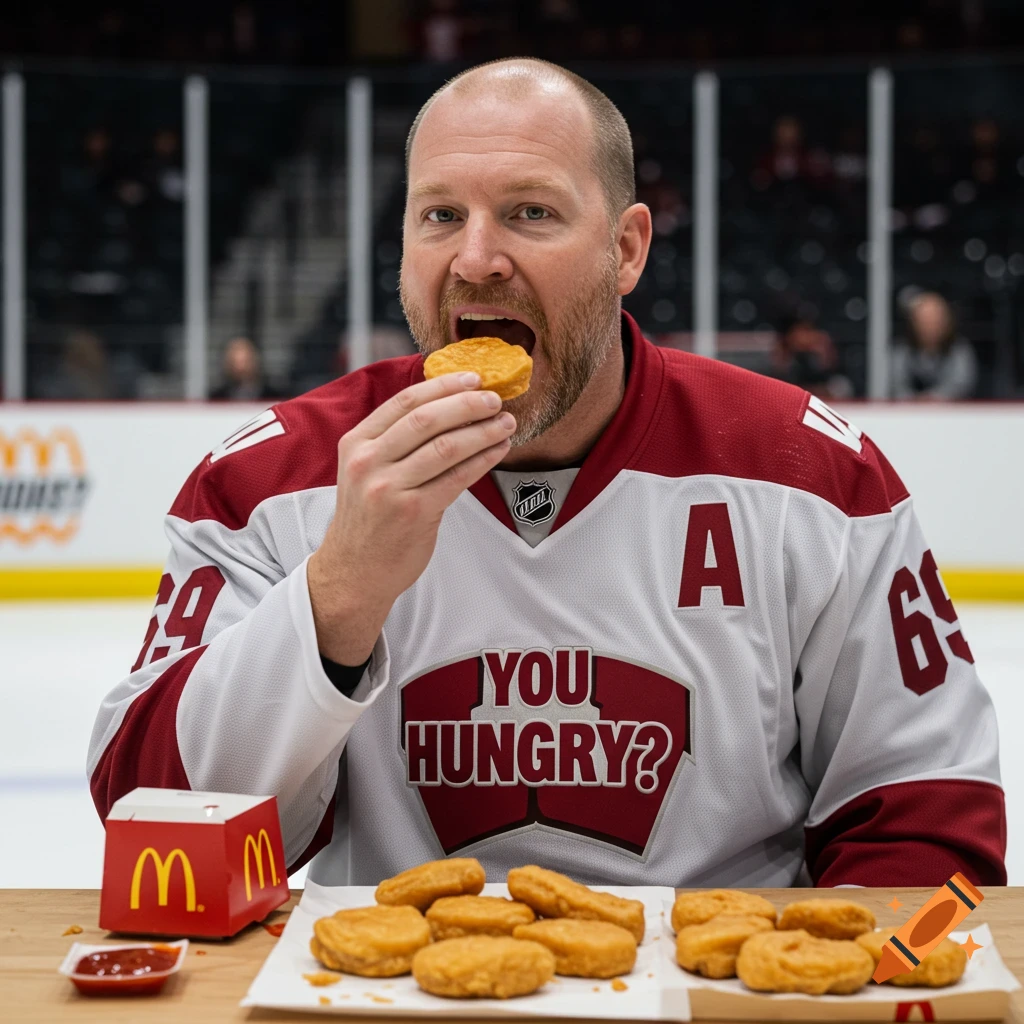 Bald hockey dad in Wisconsin jersey eating McNuggets on Craiyon