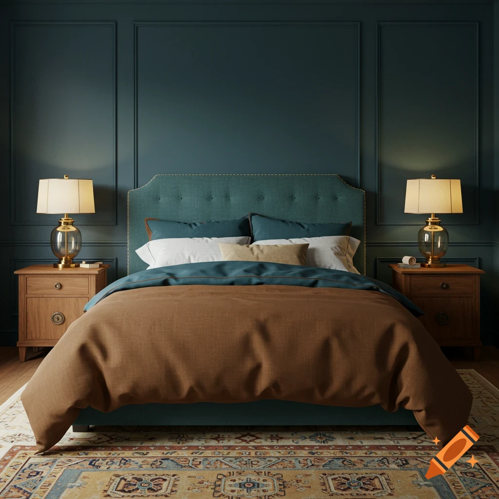 Luxurious king bed with ornate headboard and embroidered bedding in a ...