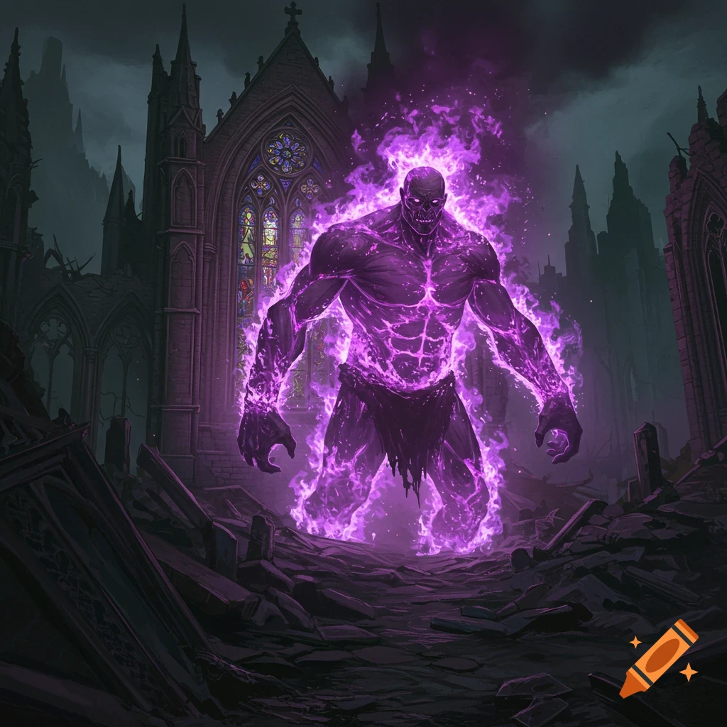 Giant covered in purple fire in a ruined church on Craiyon