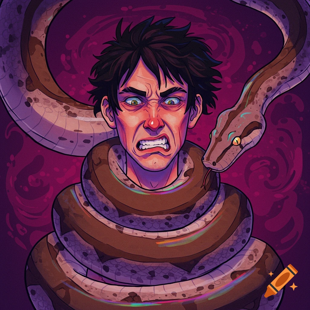 A grimacing man wrapped in a boa constrictor's coils. on Craiyon