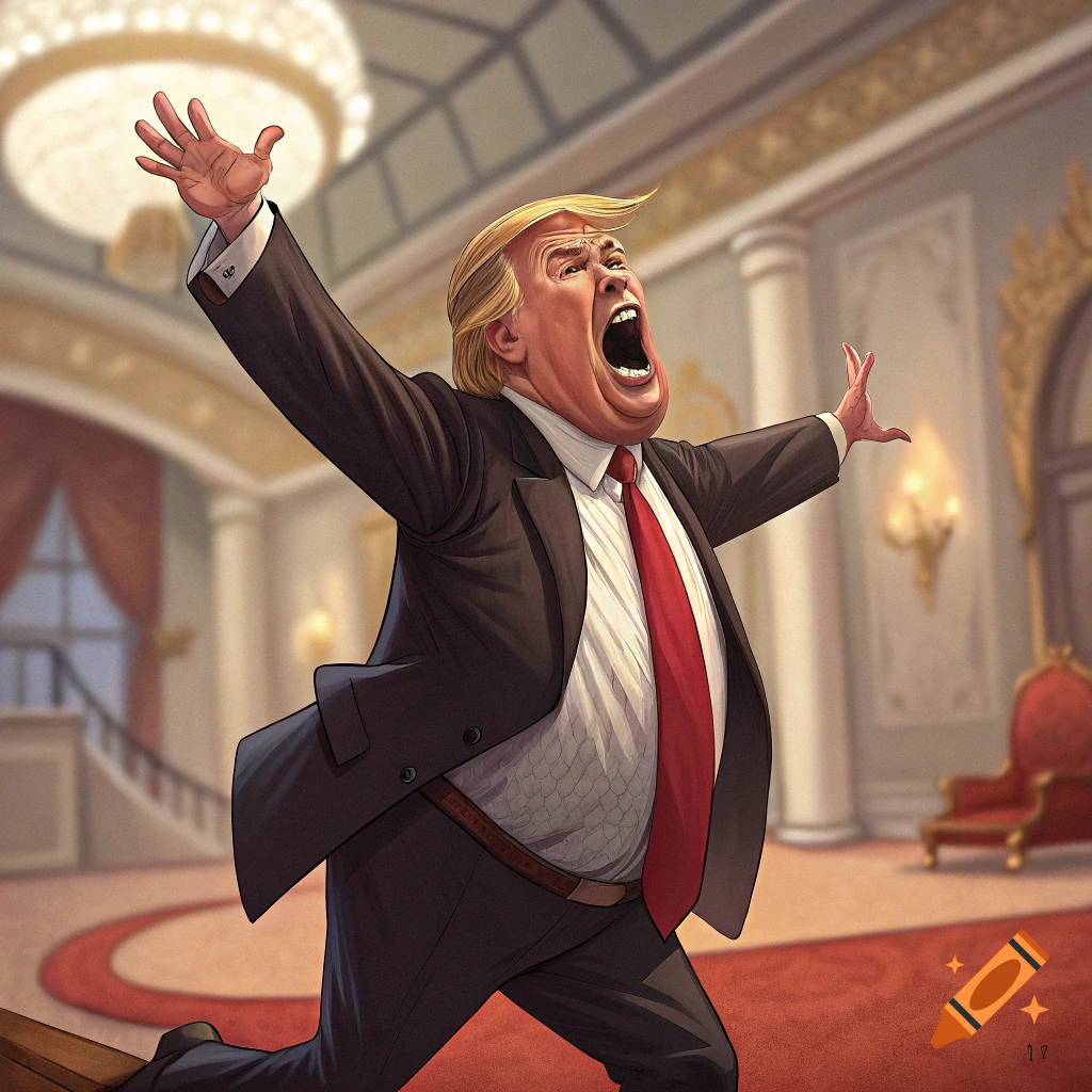 Cartoon caricature of Donald Trump yelling and running through a grand ...