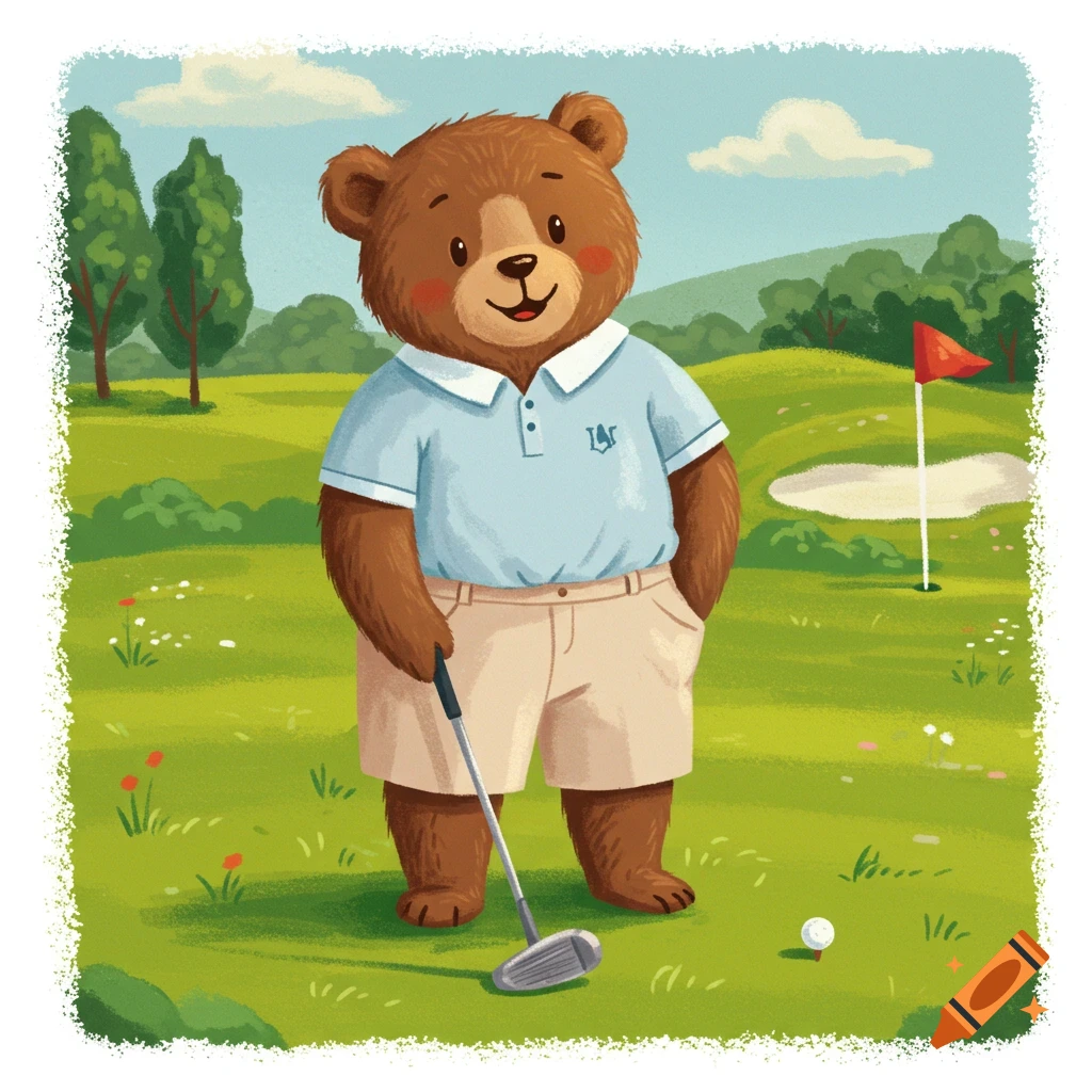 Storybook illustration of a cute bear wearing a polo shirt and shorts ...