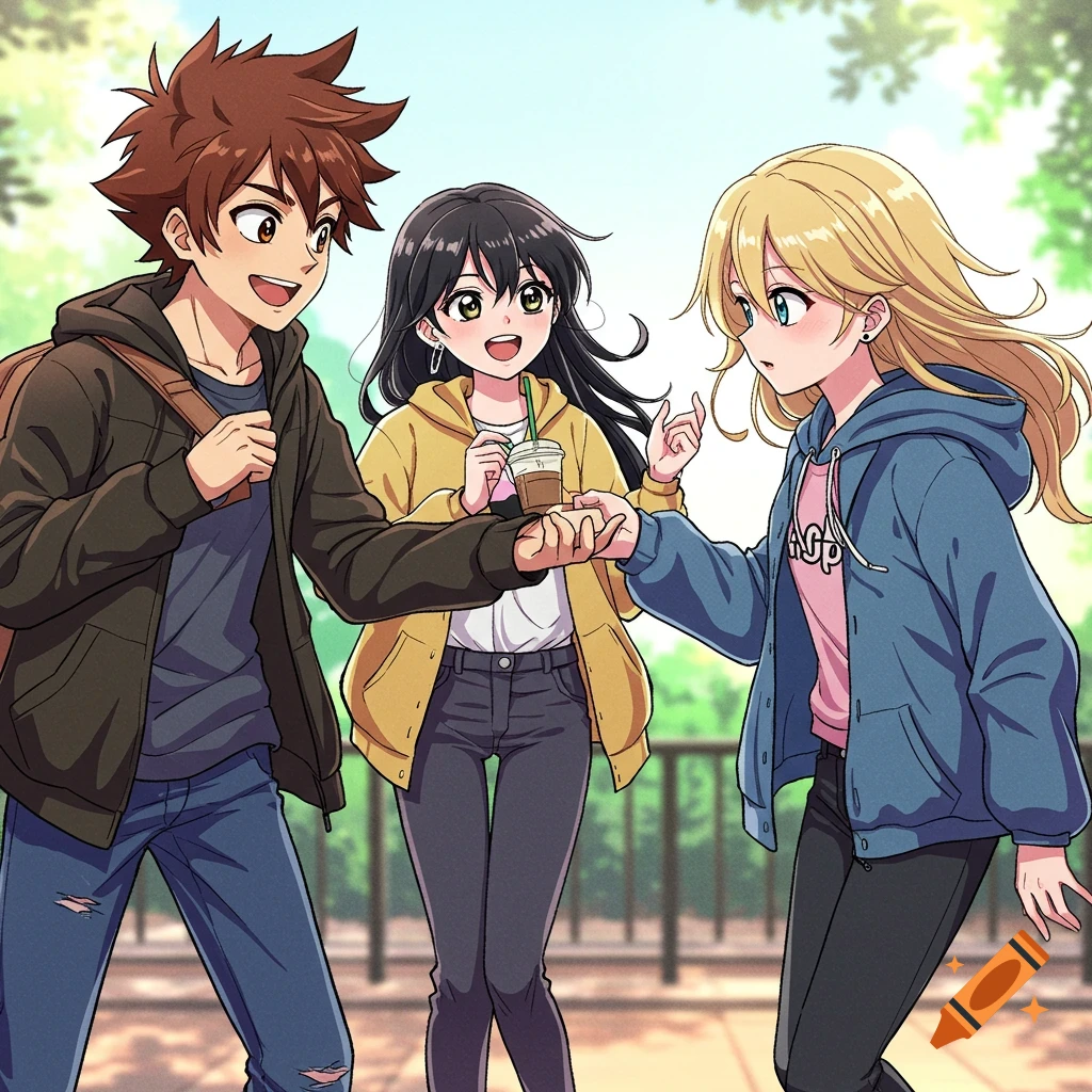 Three friends in anime style on Craiyon
