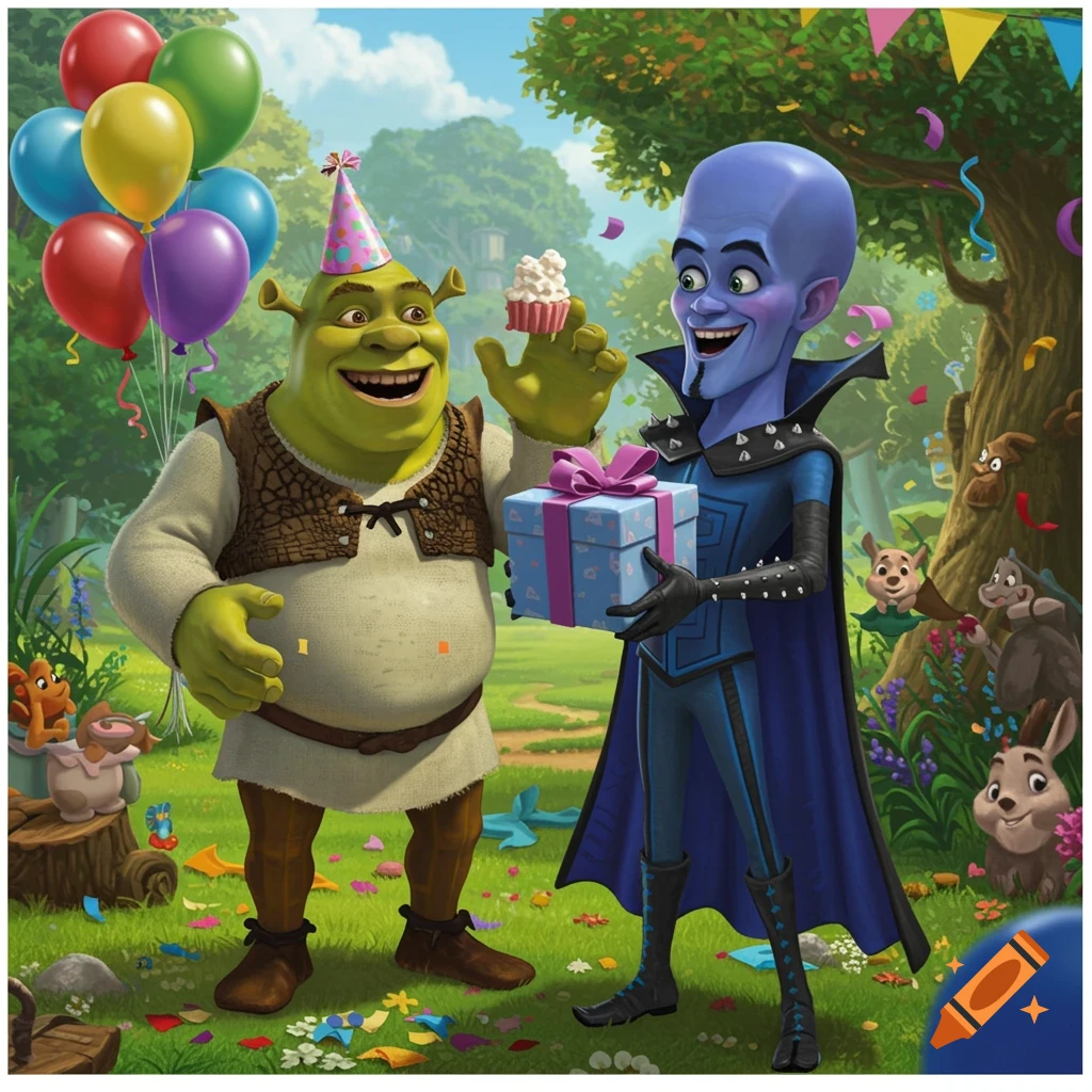 Shrek and Megamind at a baby shower on Craiyon