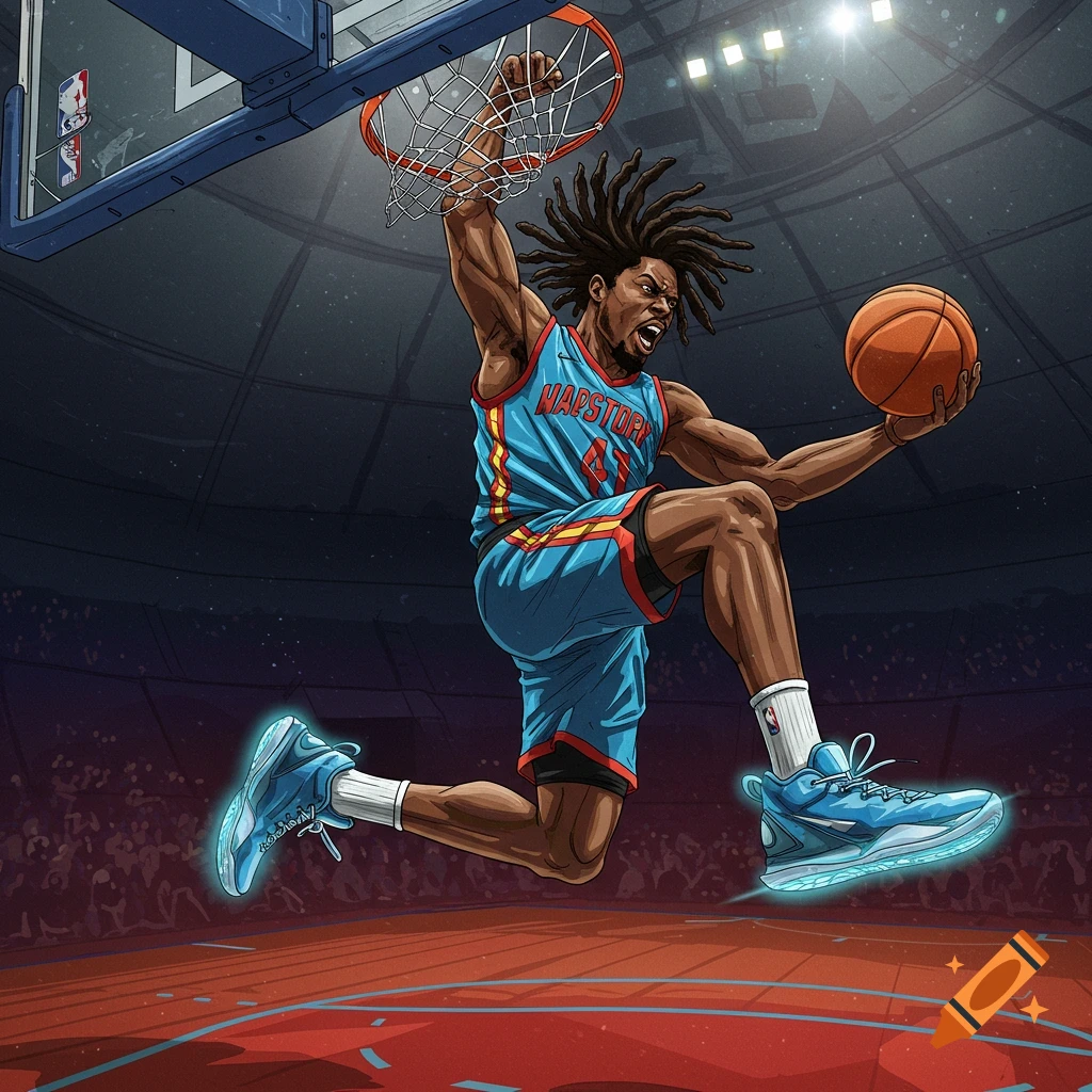 A basketball player dunks the ball into the hoop during a game, with ...