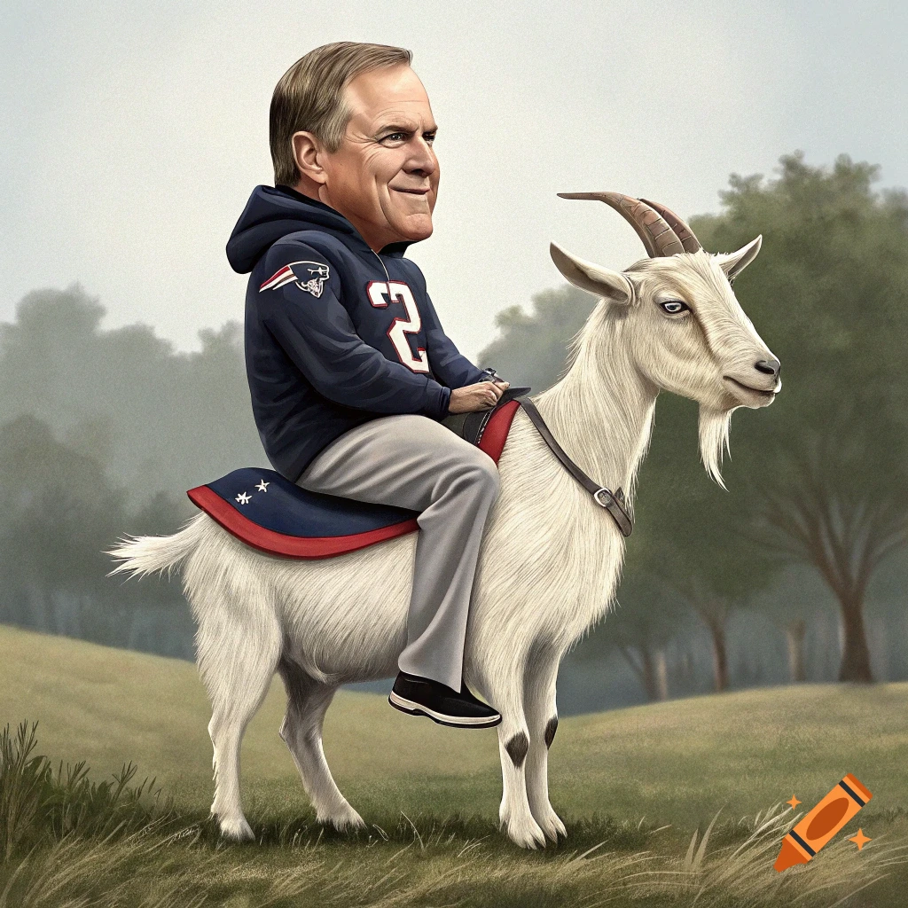 Bill Belichick riding a goat with Tom Brady's face on Craiyon