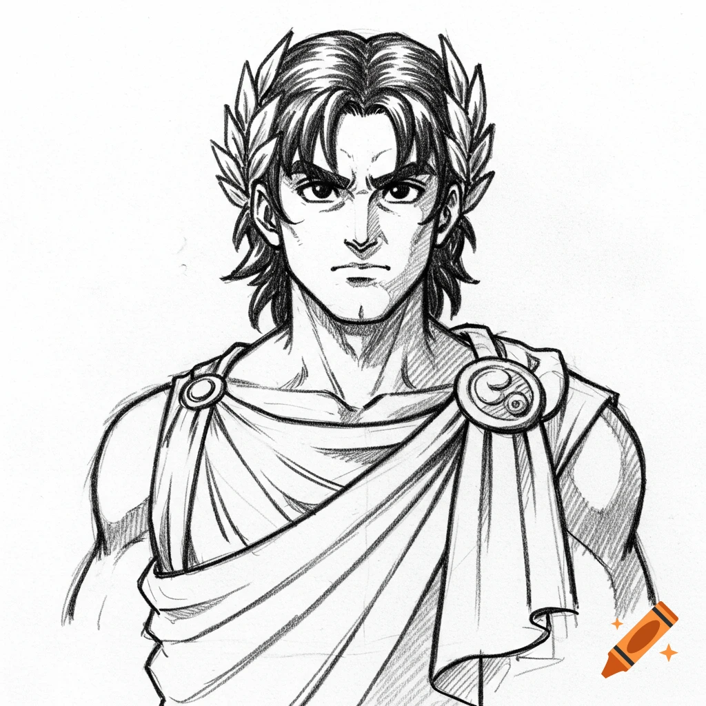 Dragon Quest style pencil sketch of a man with laurel hair in a toga on ...