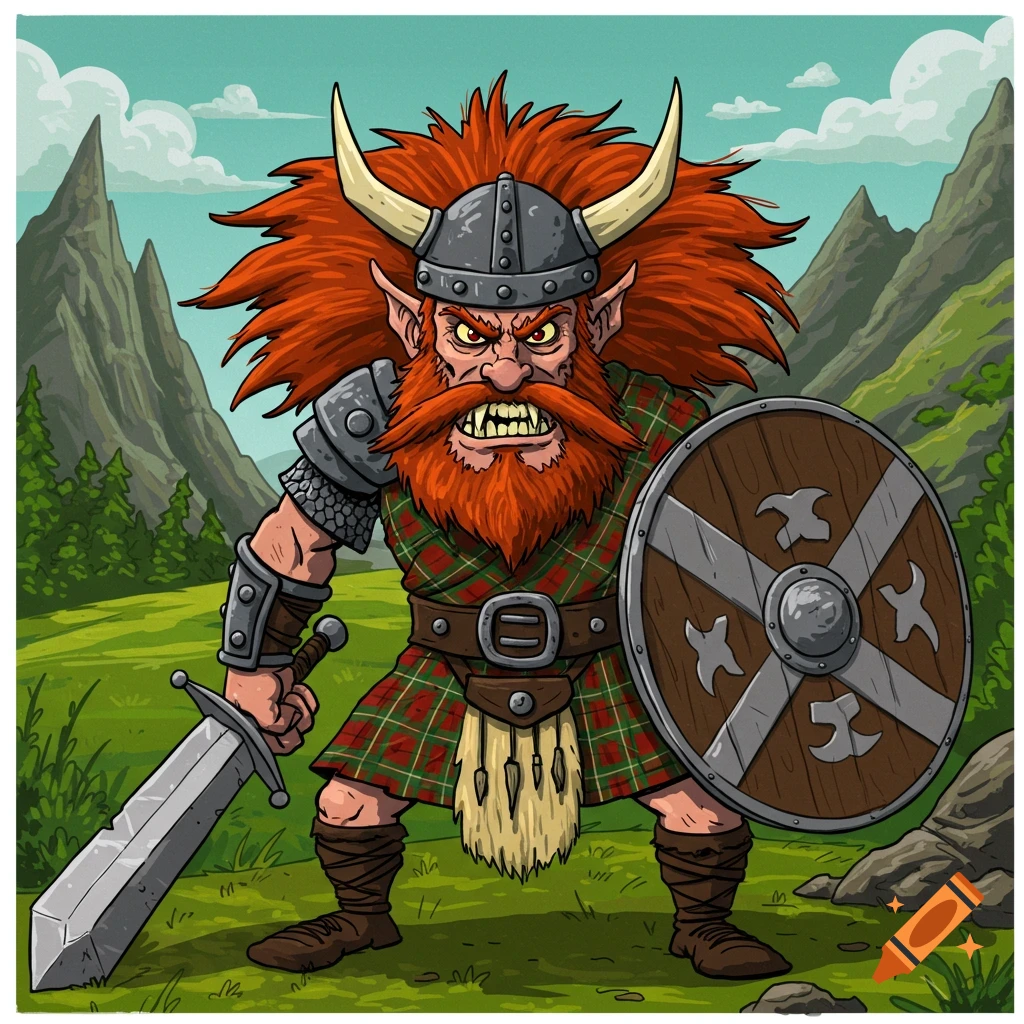 90s cartoon character, Scottish warlord with fangs on Craiyon