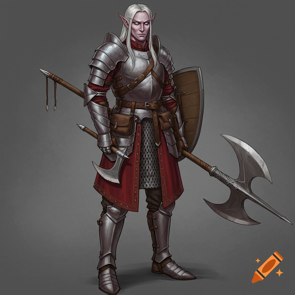 Elven paladin in plate armor with red leather, throwing axe, shield ...