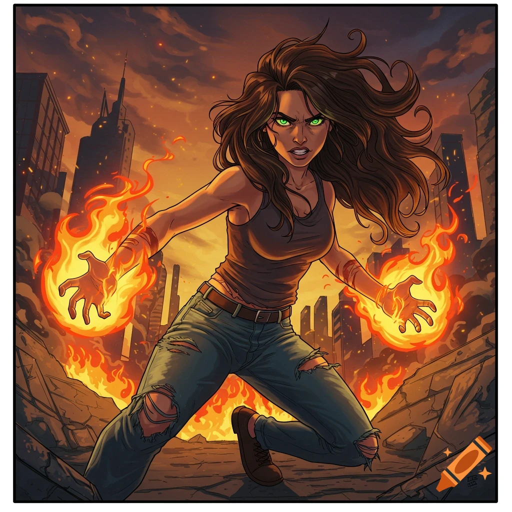 Comic style image of a young woman with fire powers on Craiyon