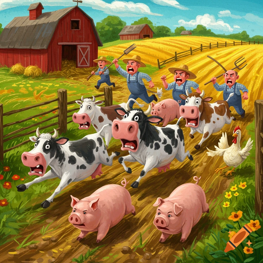 Animals escaping farm with angry farmers on Craiyon